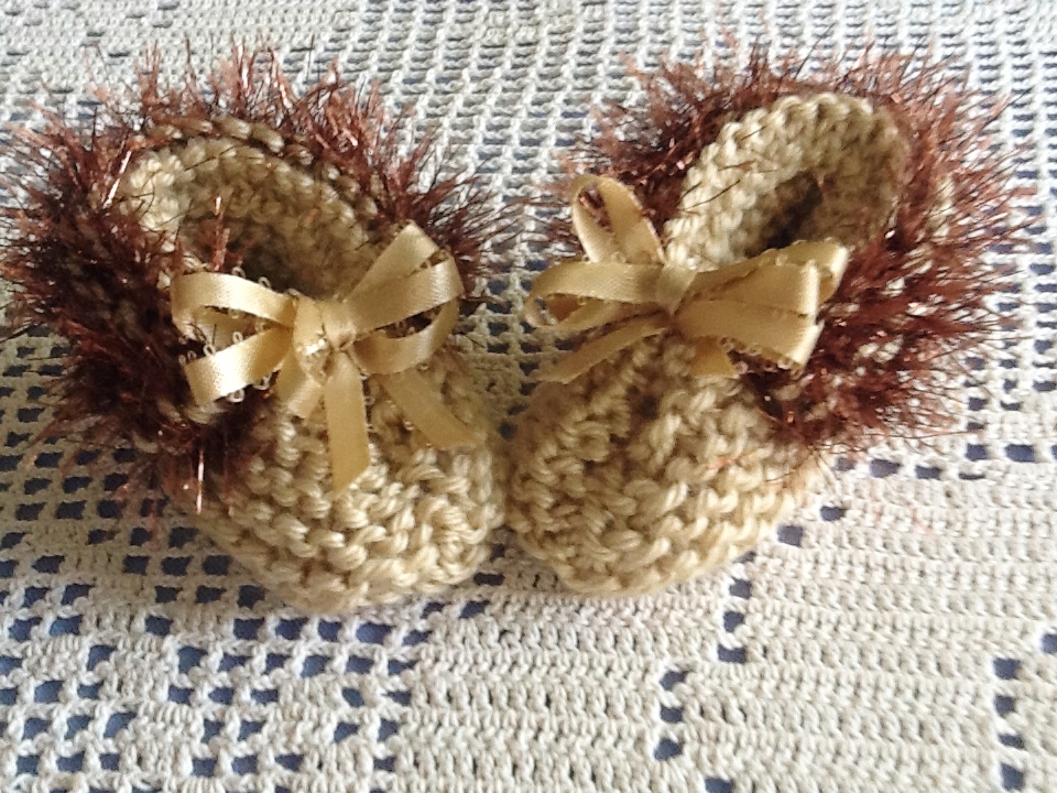 Sparkling Brown Trimmed Delicate Handmade Tan Baby Booties on Luulla